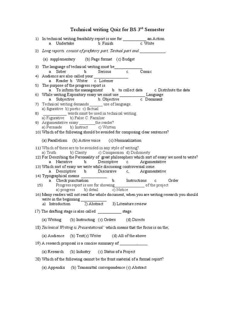 Technical Writing Quiz for BS Students | PDF | Essays | Cognition