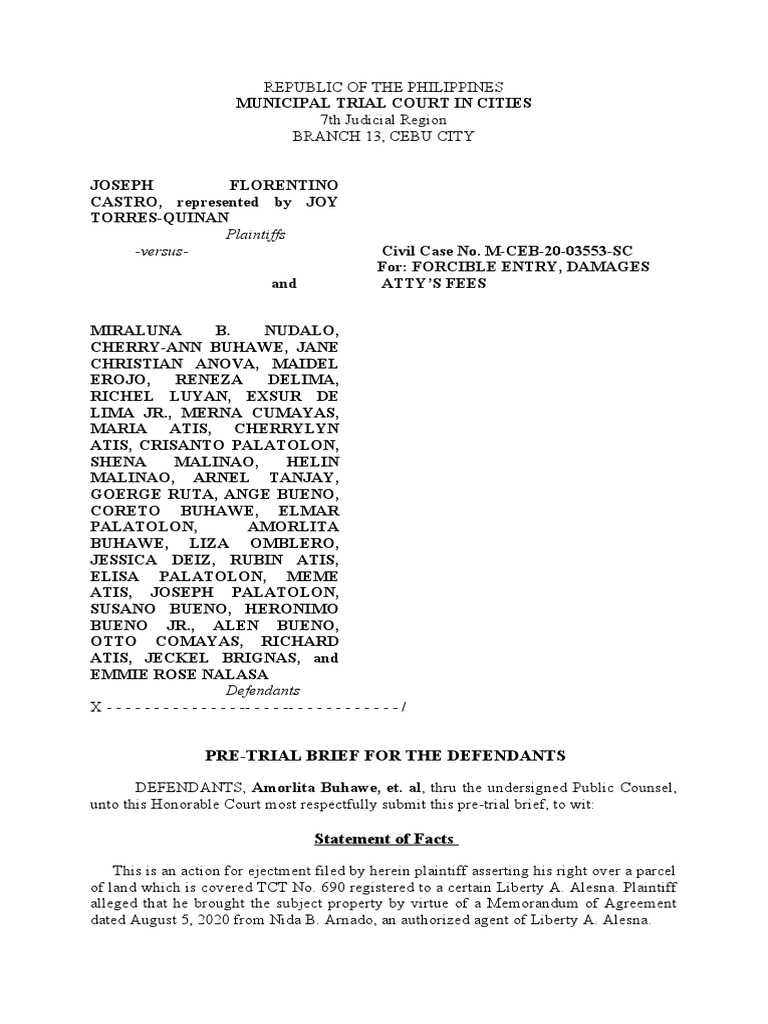 Pretrial Brief - Defendants Buhawe, Et Al | PDF | Witness | Complaint