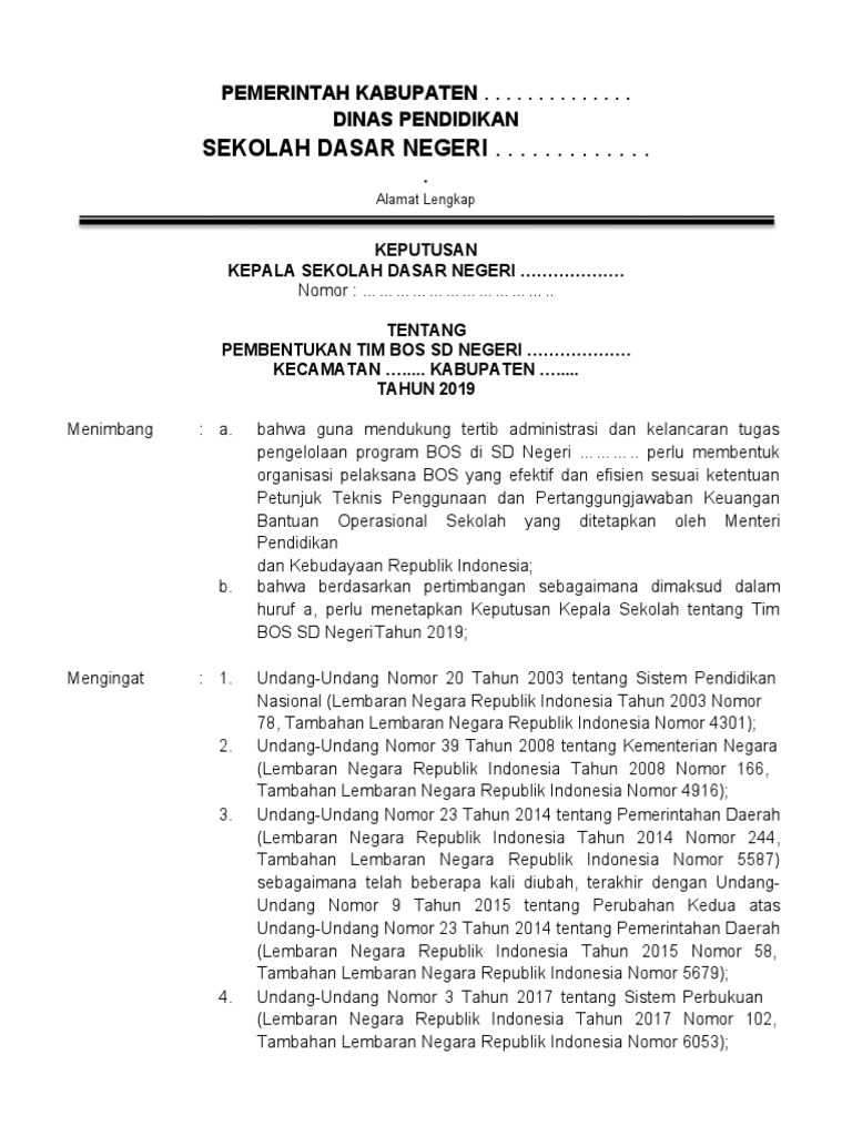 Contoh SK Tim BOS Reguler 2019 | PDF
