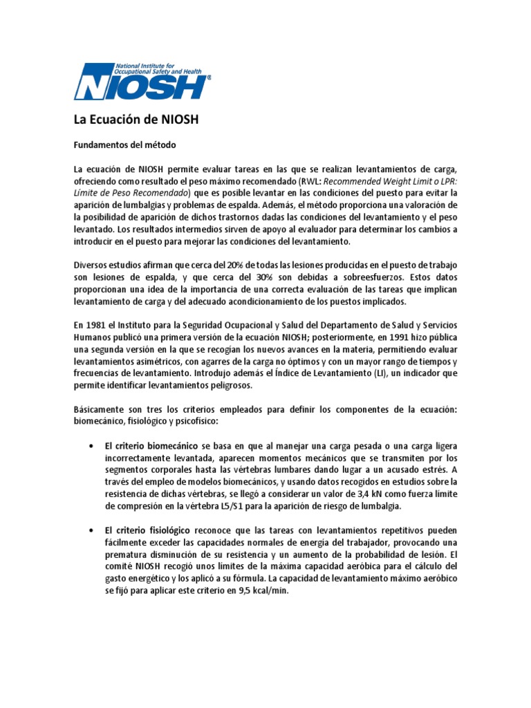 La Ecuación de NIOSH - Una Guía Sobre Su Aplicación | PDF | Factores humanos y ergonomía ...
