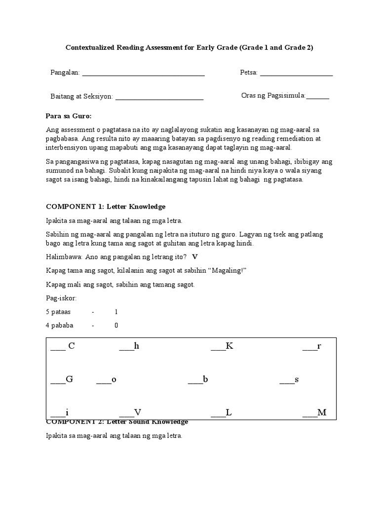 POST TEST - Reading Assessment For Early Grade | PDF