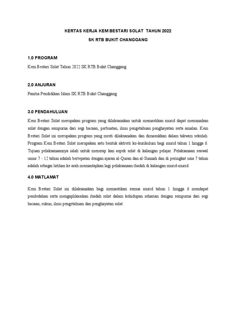 Kertas Kerja Kem Bestari Solat 2022 | PDF