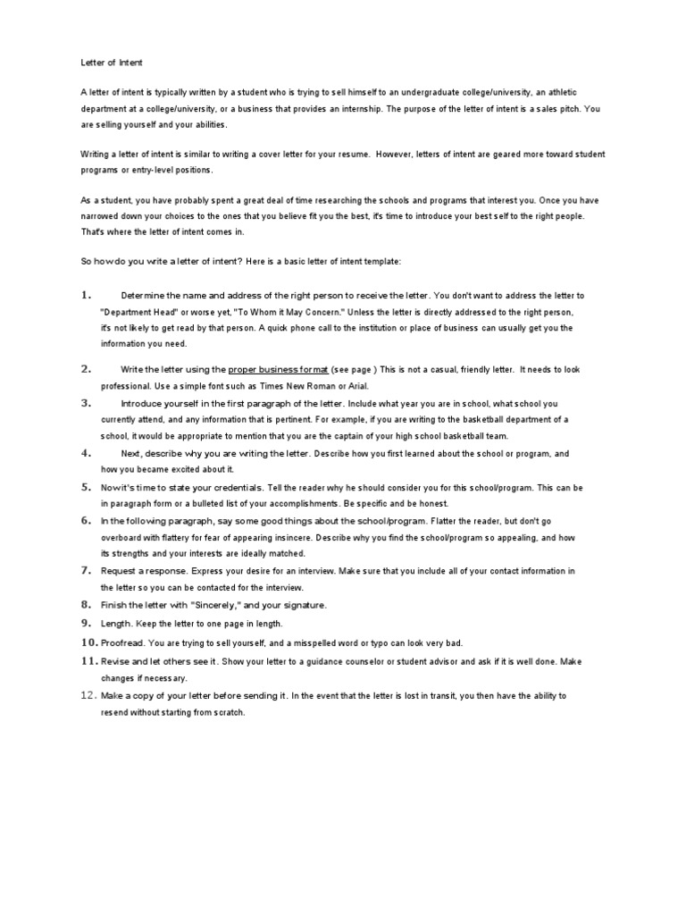 Letter of Intent by A Student For An Internship Free Word | PDF