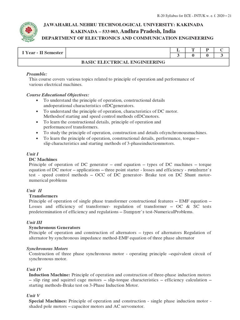 BEE - ECE 1-2 Syllabus - UG - R20 | PDF
