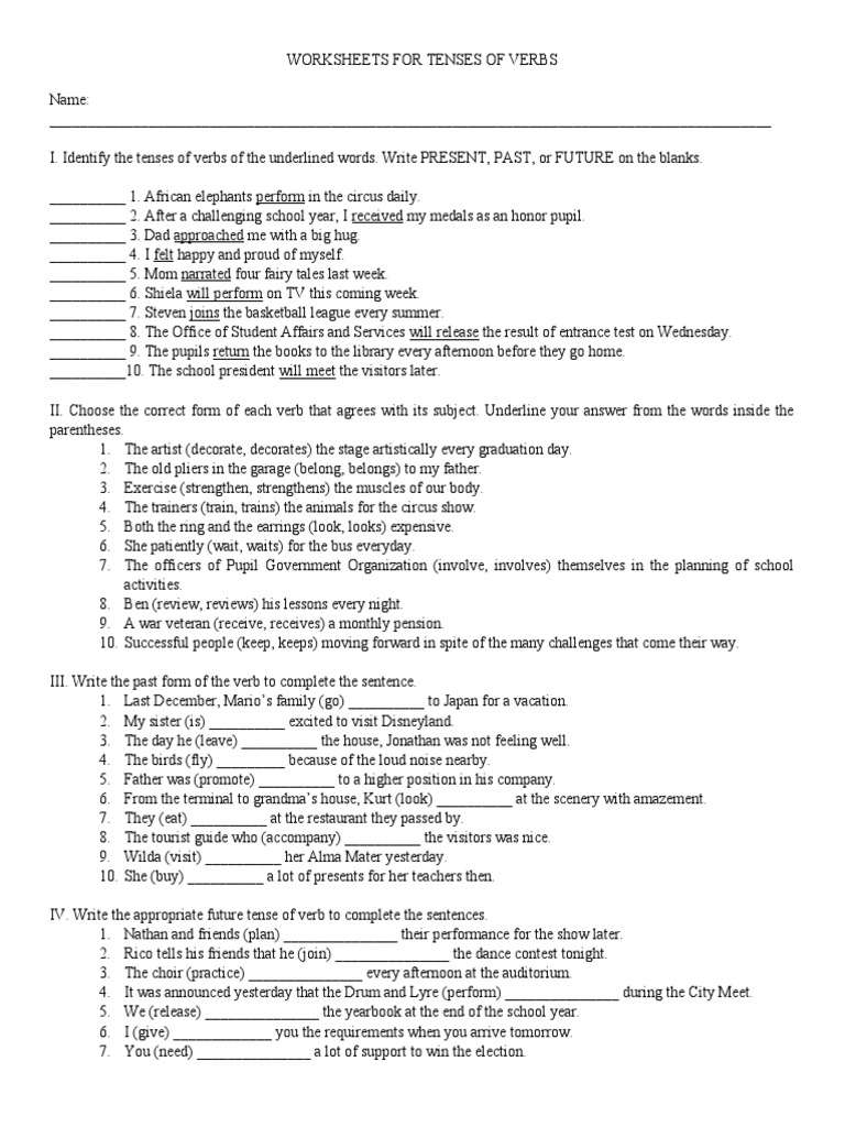 Worksheets For Tenses of Verbs | PDF | Linguistics