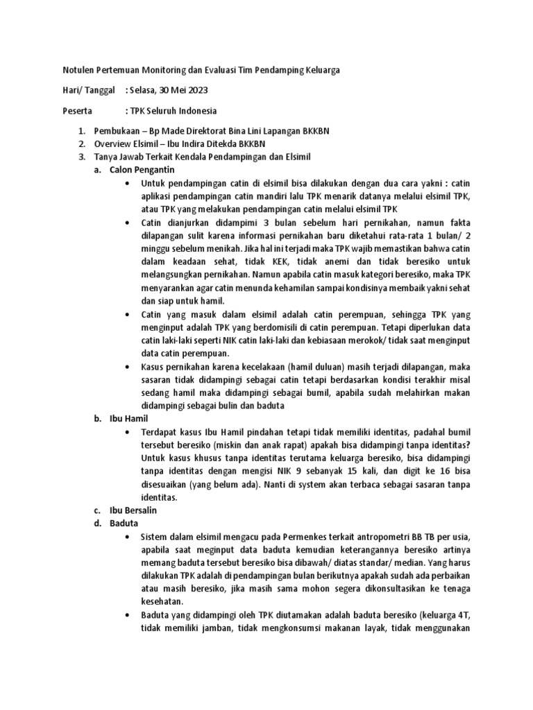 Notulen Pertemuan Monitoring Dan Evaluasi Tim Pendamping Keluarga | PDF | Ilmu Sosial