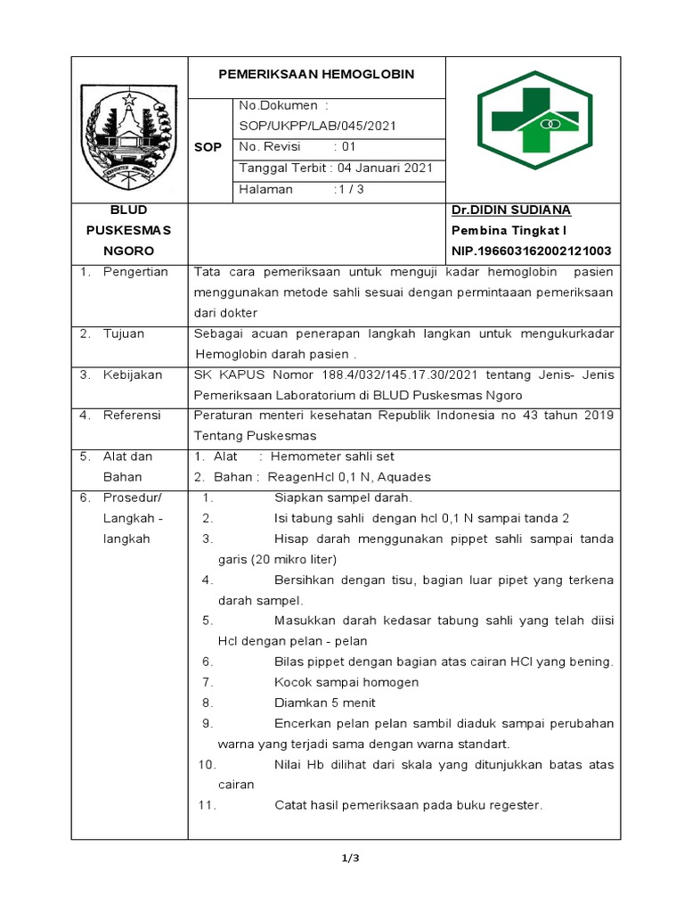 SOP Pemeriksaan Hb | PDF