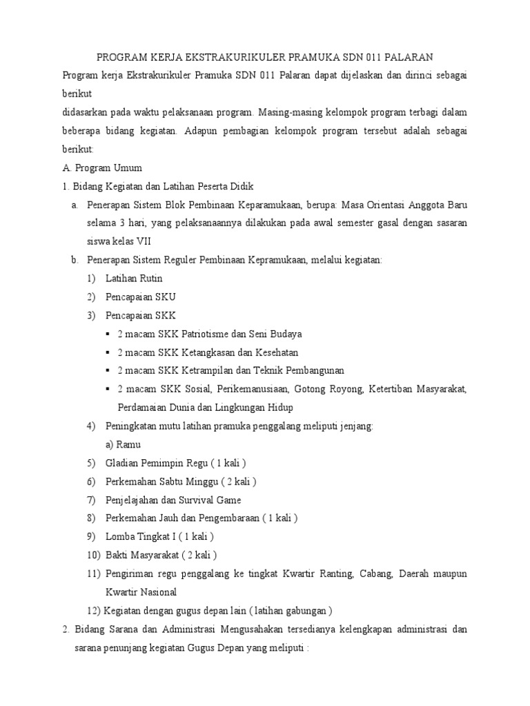 Program Kerja Ekstrakurikuler Pramuka SDN 011 Palaran | PDF