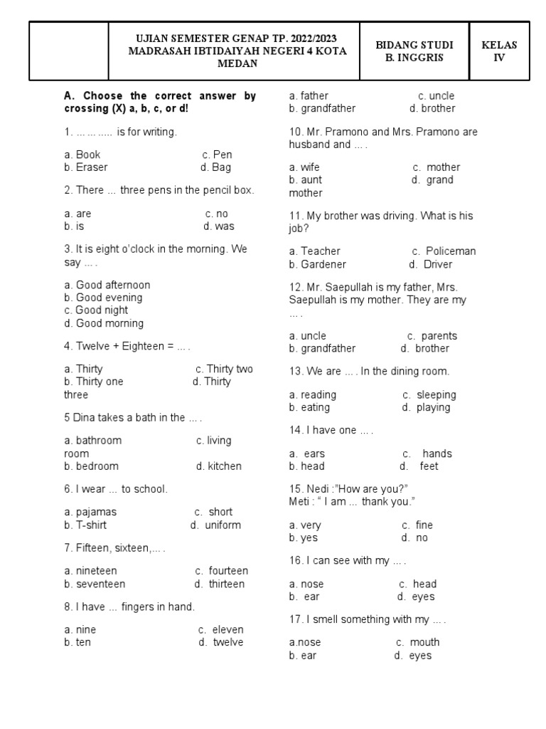 Soal Bahasa Inggris Kelas IV Semester 2 | PDF
