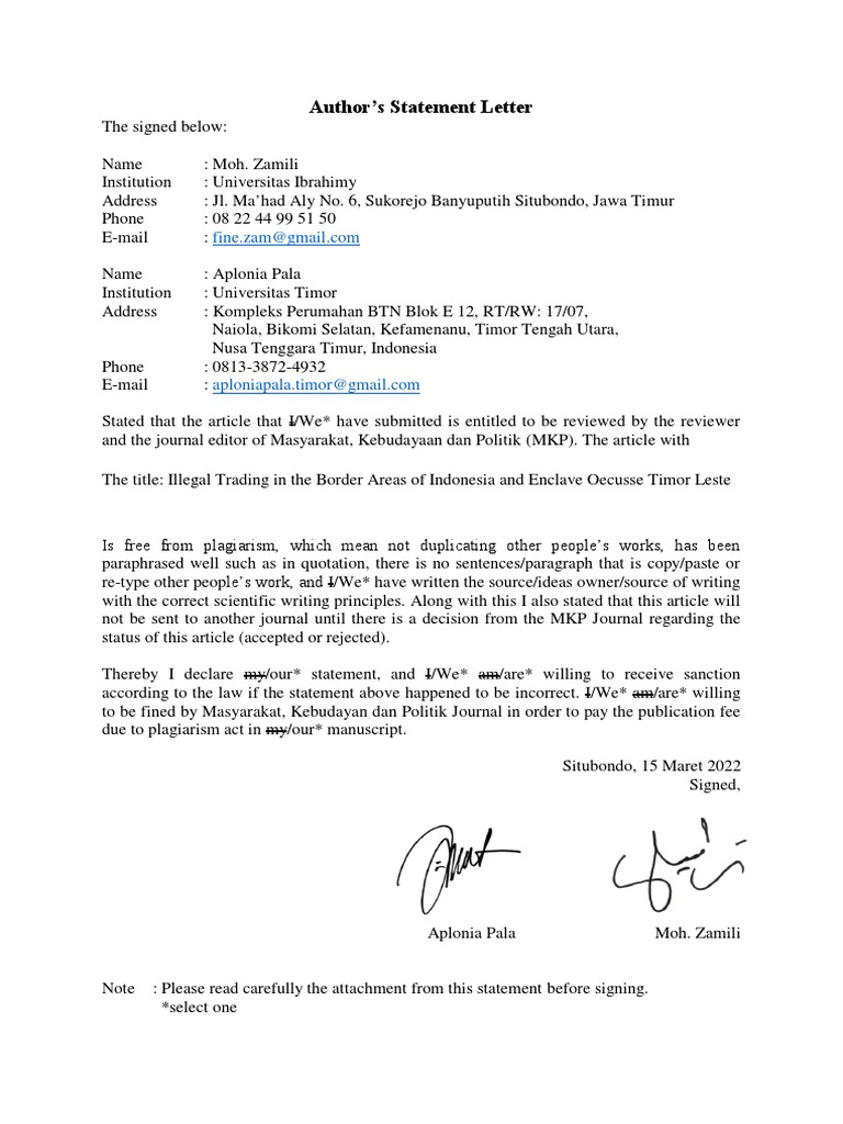 Author's Statement on Plagiarism | PDF
