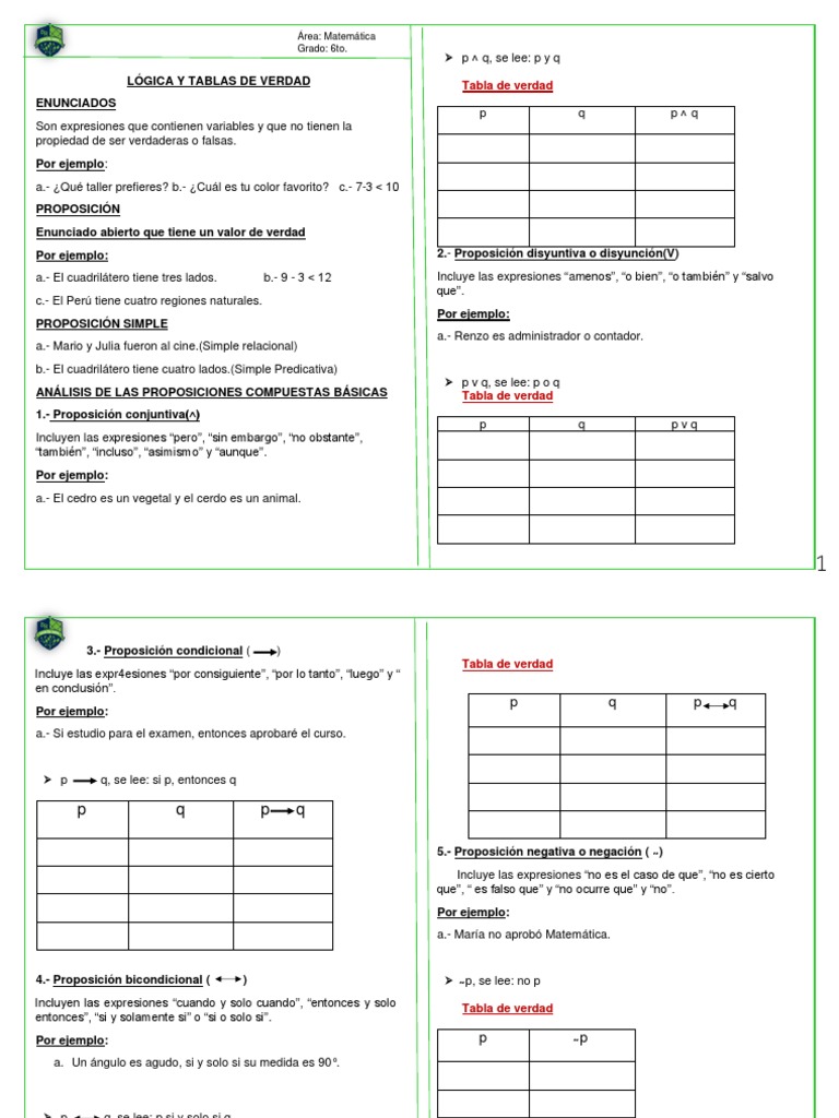 Lógica y Tablas de Verdad 6to. Grado (1) | PDF | Proposición | Si y solo si