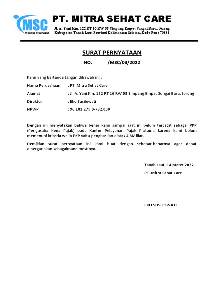 Surat Pernyataan PKP PT Mitra Sehat Care | PDF | Karier & Perkembangan ...