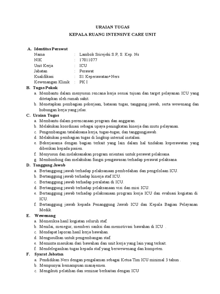 Uraian Tugas Kepala Ruang Icu | PDF