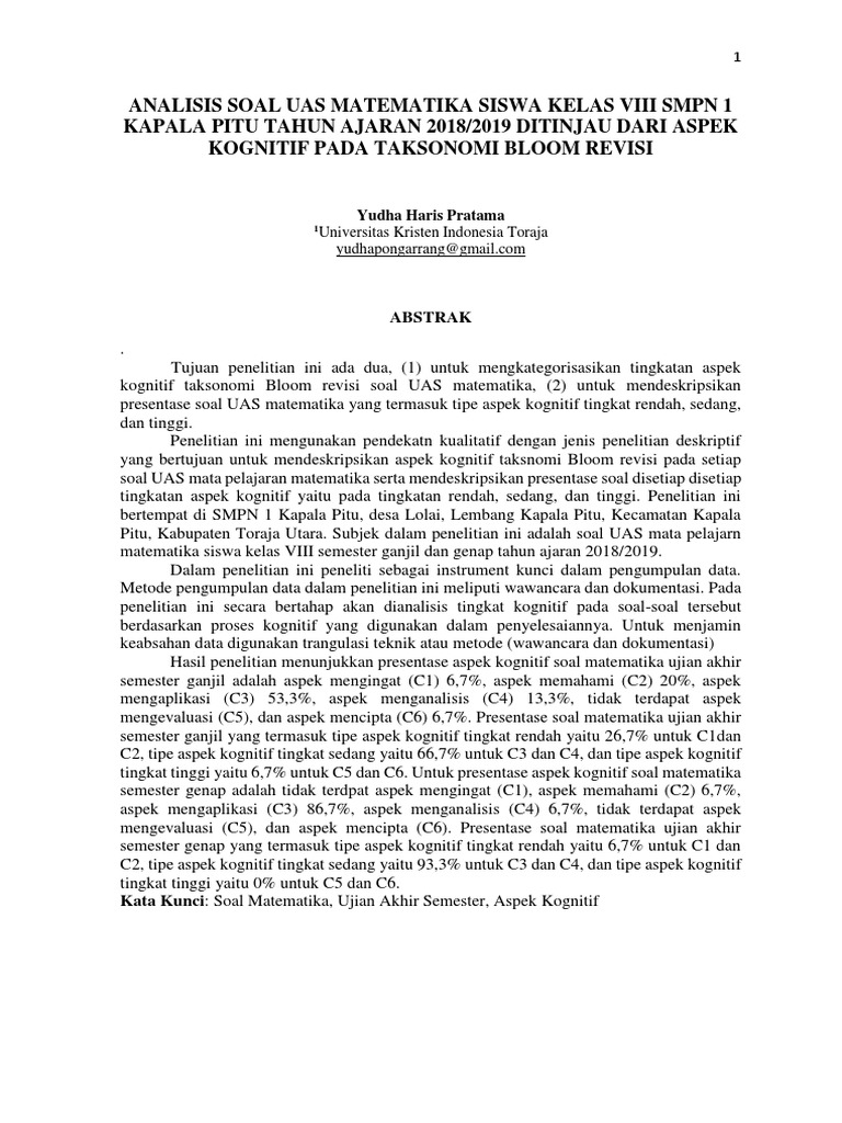 Analisis Soal Uas Matematika Siswa Kelas Viii SMPN 1 Kapala Pitu Tahun Ajaran 2018/2019 Ditinjau ...