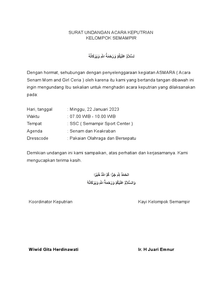 Undangan Acara Senam Keputrian Semampir | PDF