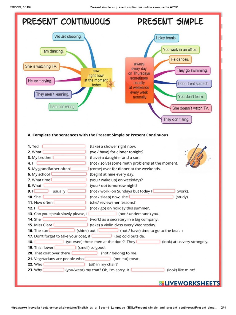 Present Simple vs Continuous A2/B1 Exercise | PDF | Language Arts ...