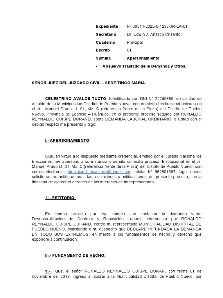 CONTESTACION DEMANDA Laboral | PDF | Demanda judicial | Derecho laboral