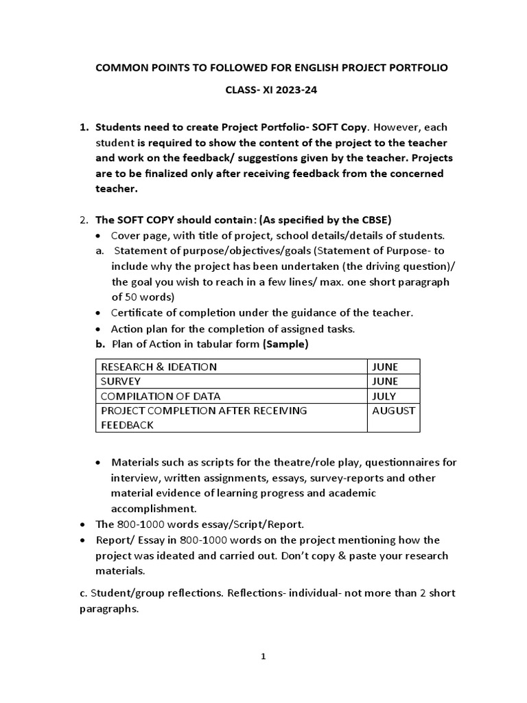 Common Points To Be Followed For English Project - Class Xi | PDF
