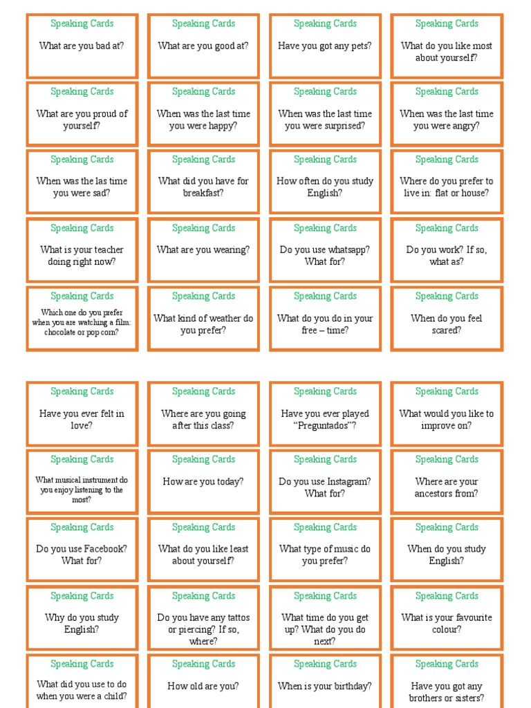 Engaging Speaking Card Questions | PDF | Language Arts & Discipline ...