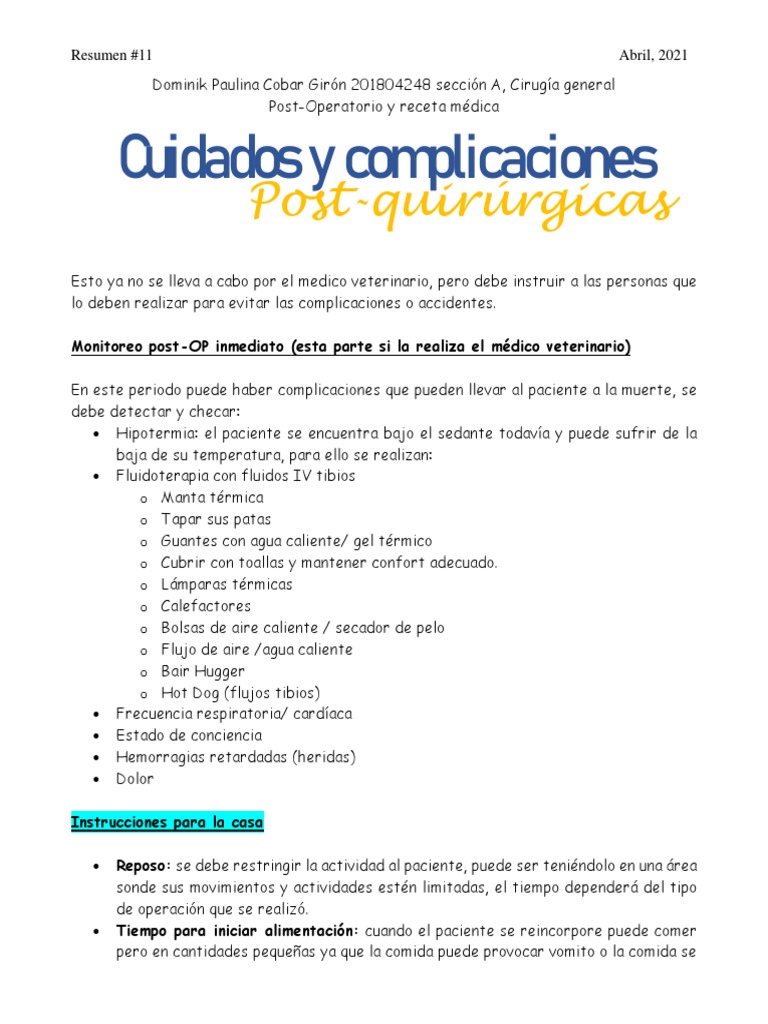 Cuidados y Complicaciones Post-Operatorio Veterinario | PDF | Anestesia ...