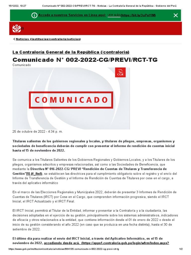 Comunicado #002-2comunicado 002-2022-CG - PREVI - RCT-TG | PDF | Responsabilidad | Gobierno