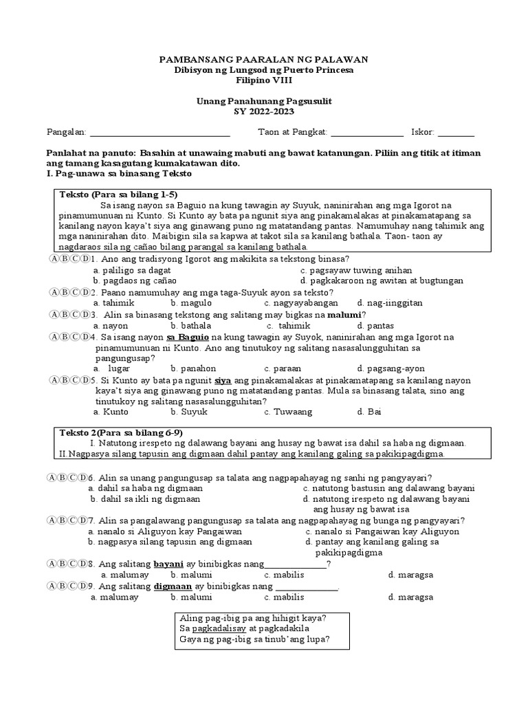 Grade-8 FILIPINO PERIODICAL-UNANG-MARKAHAN | PDF