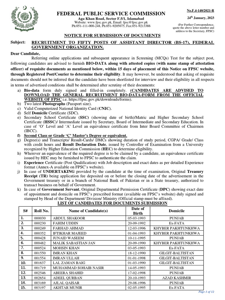 Assistant Director FGO Result | PDF | Sindh