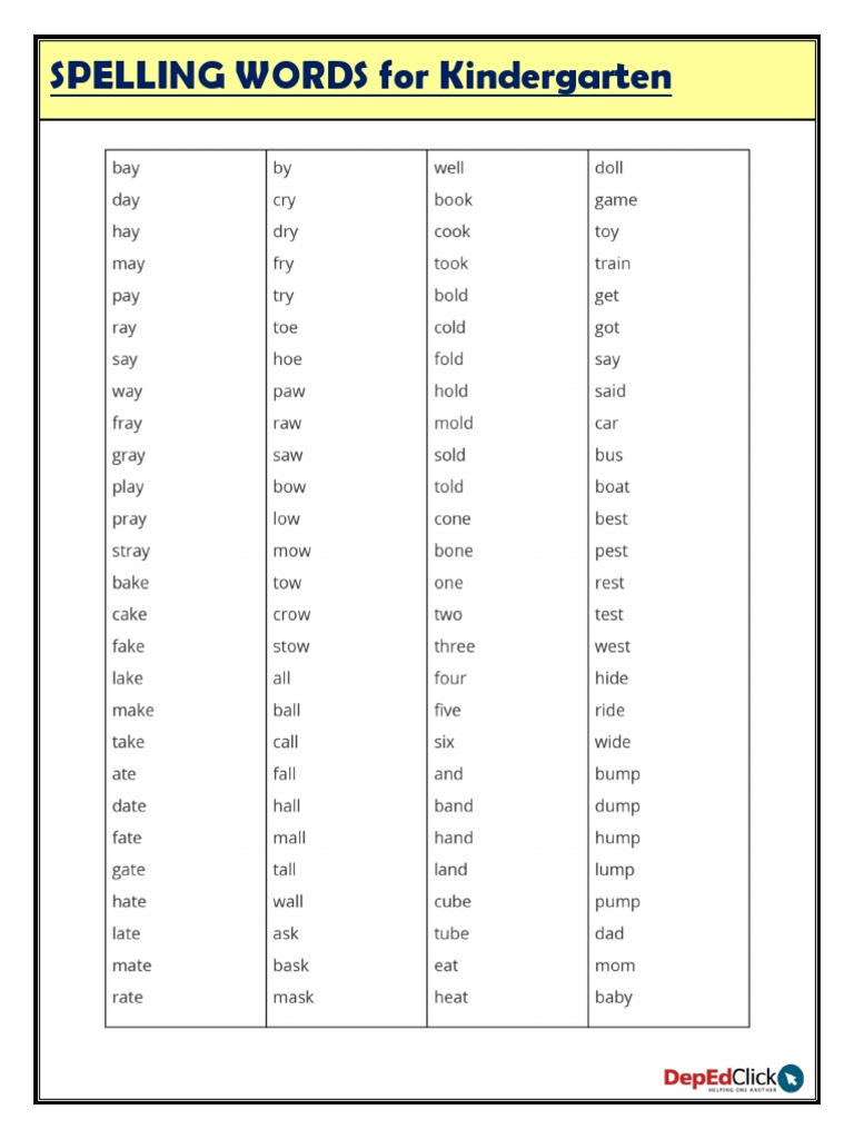 SPELLING WORDS For Kindergarten | PDF