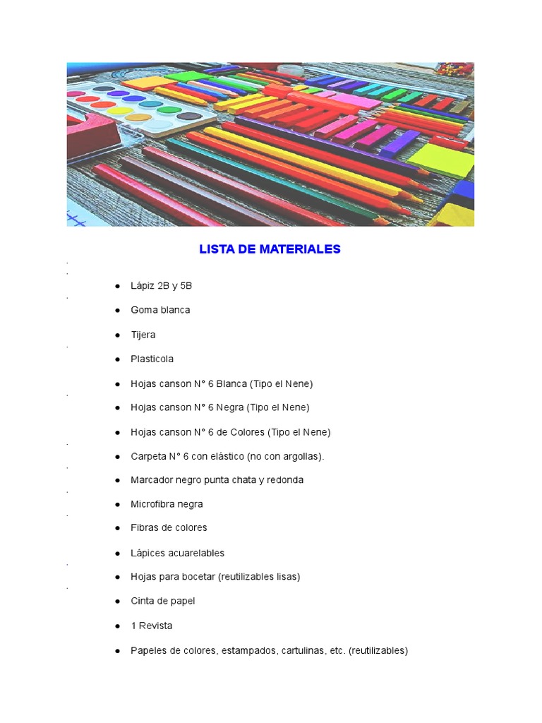 Lista de Materiales para Artes Visuales | PDF | Hogar, jardinería y ...