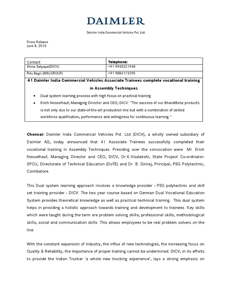 PDF Final Press Release DICV Vocational Training | PDF | Economies