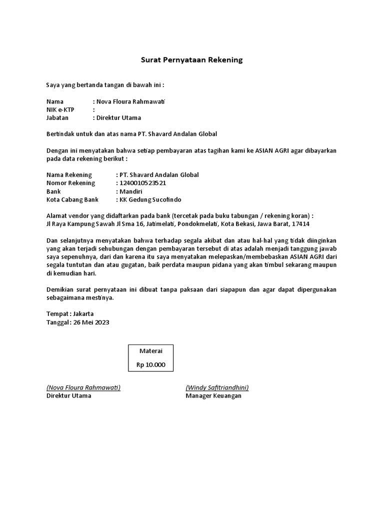 Surat Pernyataan Rekening PT Shavard | PDF | Bisnis