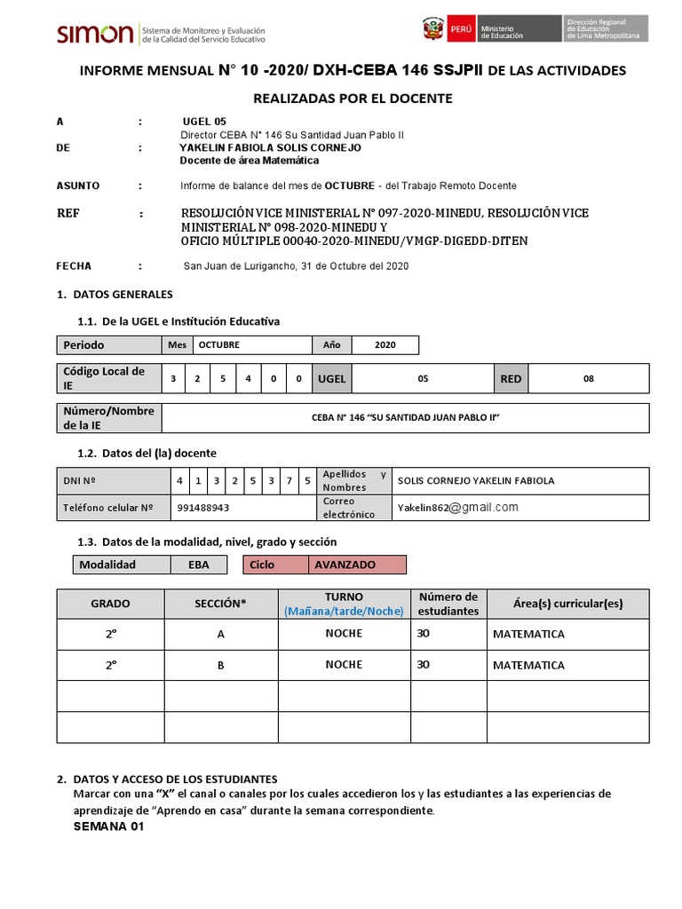 Informe Mes de Octubre - Matematica | PDF
