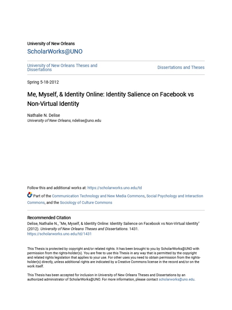 Me Myself & Identity Online - Identity Salience On Facebook Vs N | PDF ...