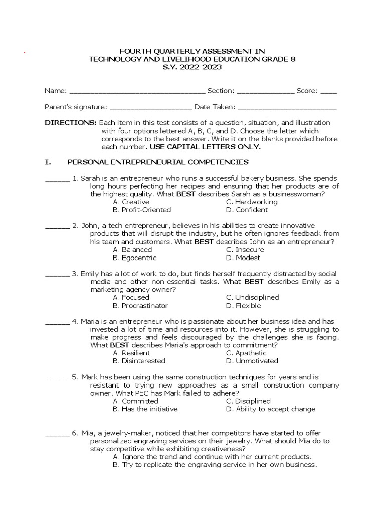 Entrepreneurship Competencies Assessment | PDF | Entrepreneurship ...