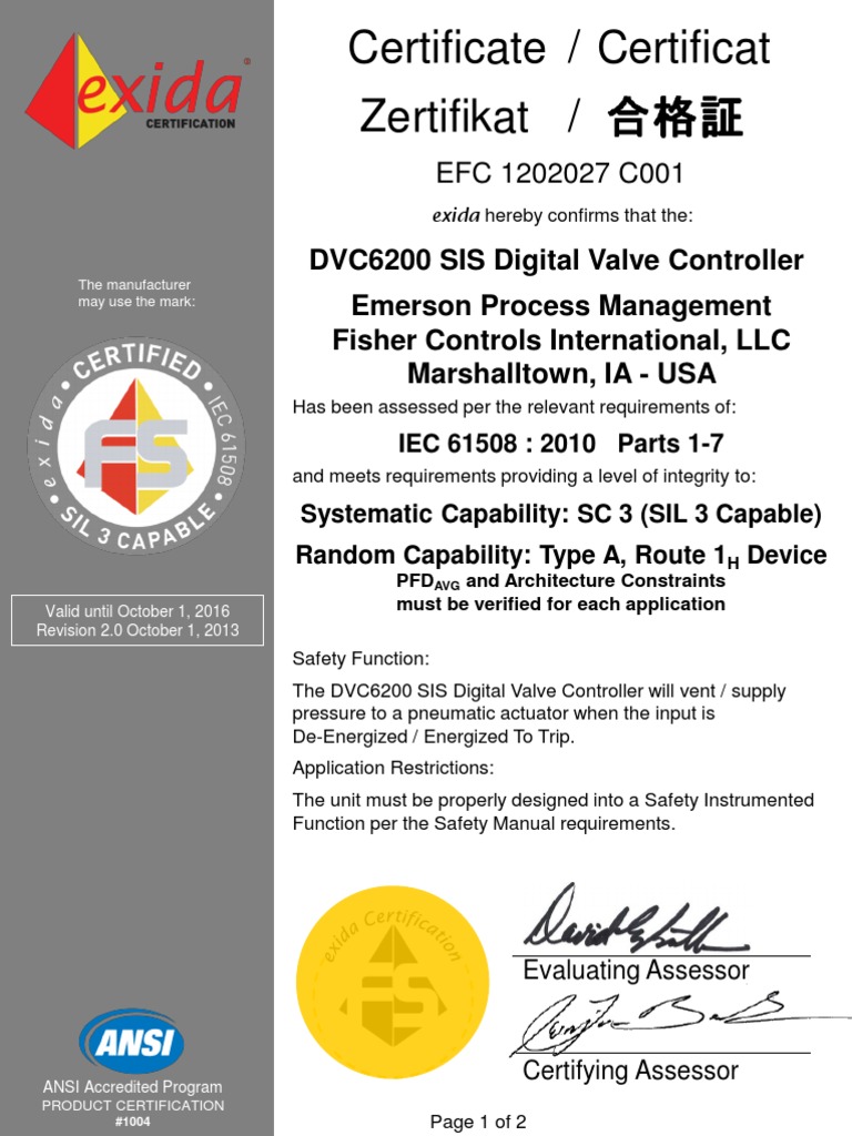 DVC6200 SIS Controller SIL 3 Certification | PDF | Safety | Systems ...