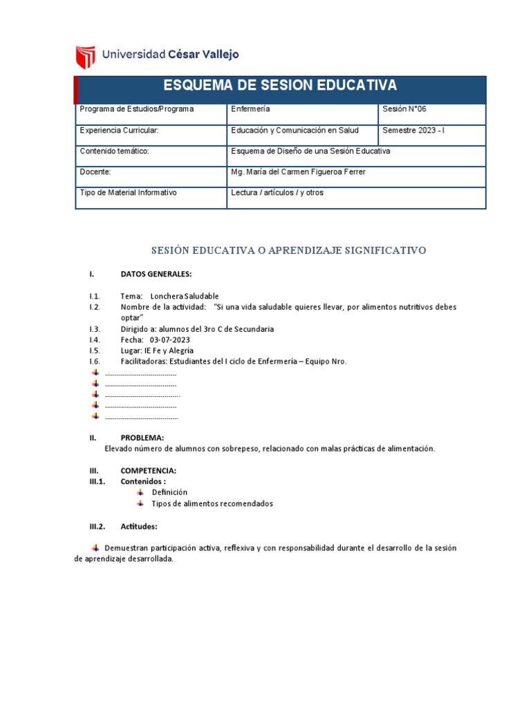 Anexo 1 Esquema de Sesion Educativa | PDF