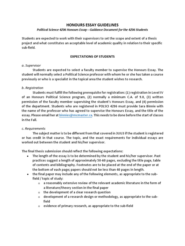 Honours Essay Guidelines for 4Z06 | PDF | Thesis | Essays