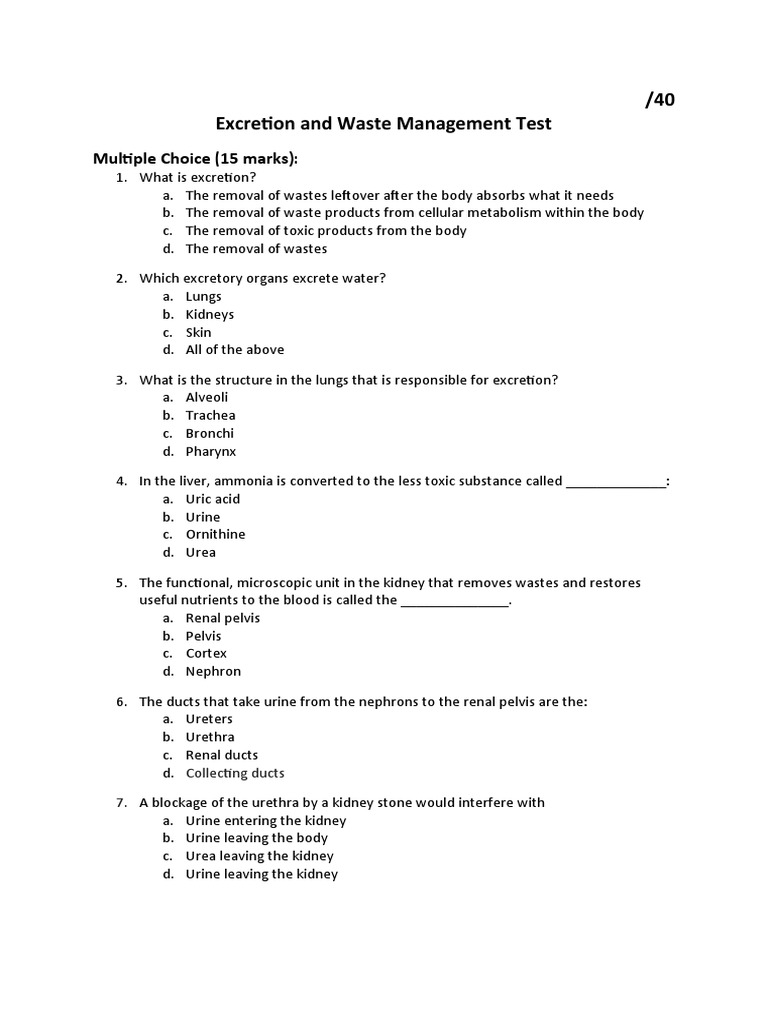 Excretion and Waste Management Test | PDF | Kidney | Urine