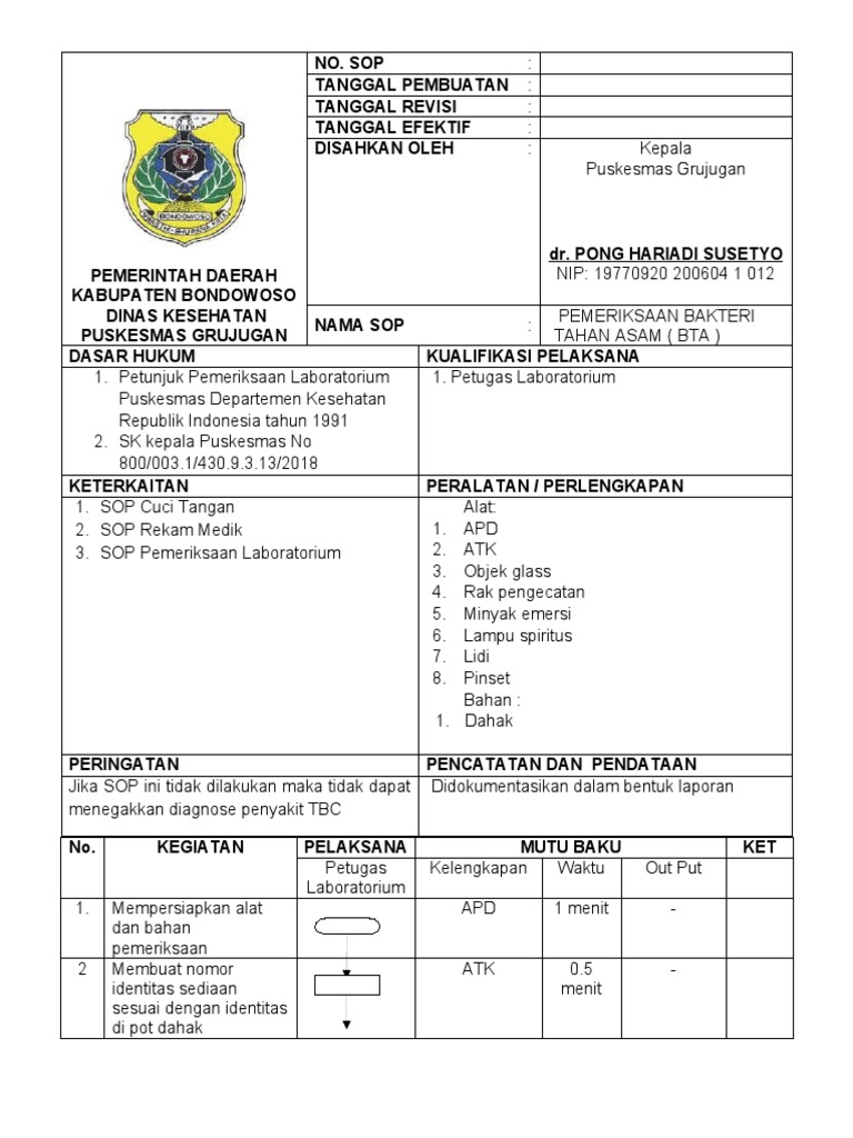 SOP Pemeriksaan Bakteri Tahan Asam ( BTA) | PDF