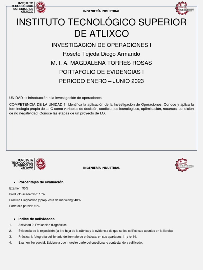 Investigación de Operaciones I 4A Rosete Tejeda Diego Armando Portafolio 1 | PDF | Evaluación ...