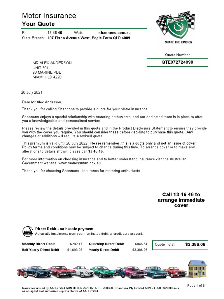 Shannons Motor Quote QTE072724098 | PDF | Insurance | Vehicle Insurance