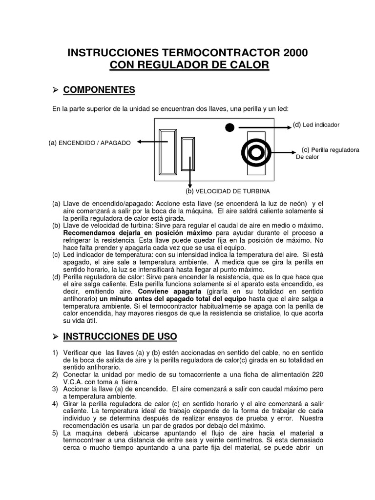 INSTRUCCIONES TERMOCONTRACTOR 2000 CON REGULADOR | PDF | Temperatura | Diodo emisor de luz