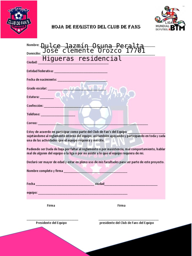 Hoja de Registro Del Club de Fans | PDF