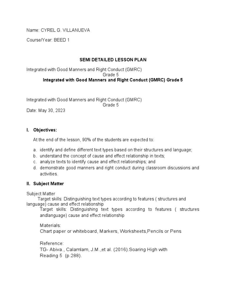 cYREL GMRC - SEMI DETAILED LP 1 | PDF | Human Communication | Behavior Modification