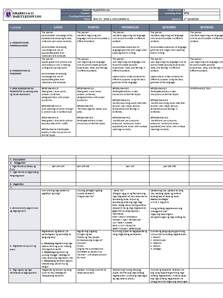 DLL - MTB 1 - Q4 - W5 | PDF | Behavior Modification | Linguistics