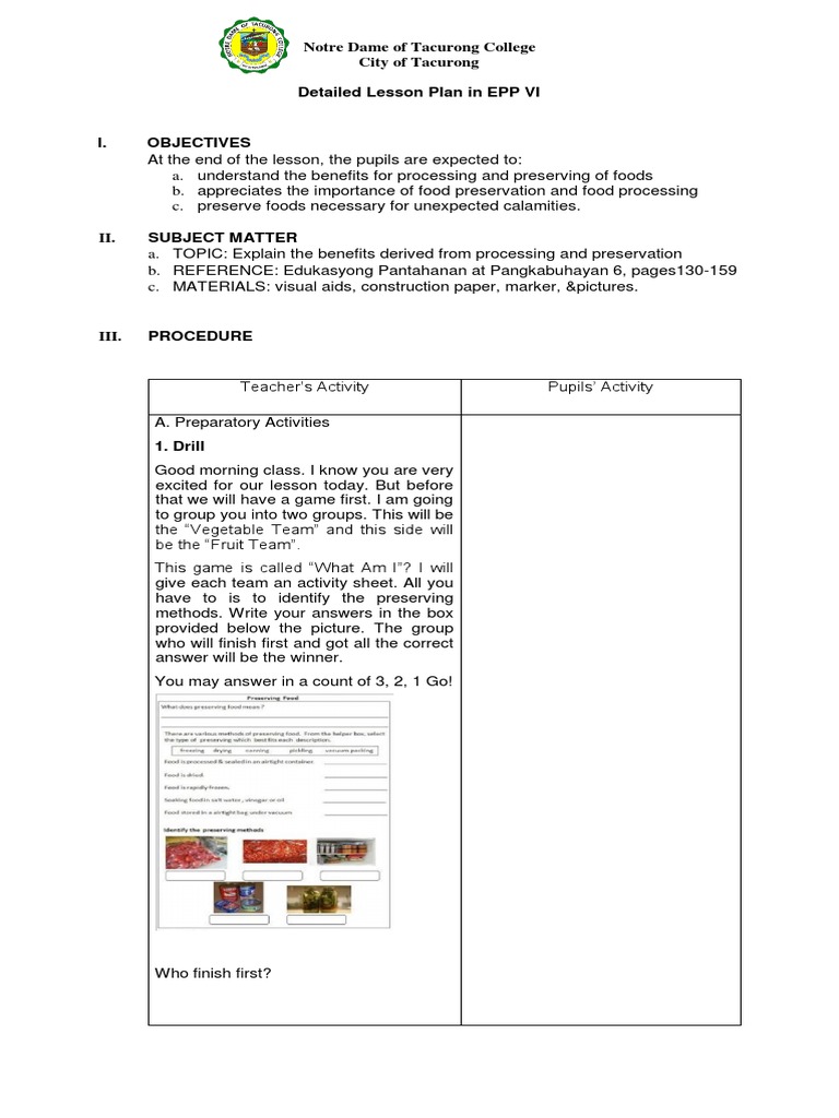Lesson Plan in Epp Vi Joy | PDF | Food Preservation | Food Processing