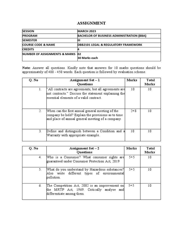 Assignment - DBB2101 - BBA 3 - Set 1 and 2 - March 23 | PDF