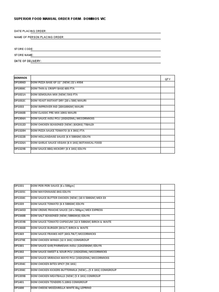 Domino's Manual Order Form VIC | PDF | Pizza | Foods