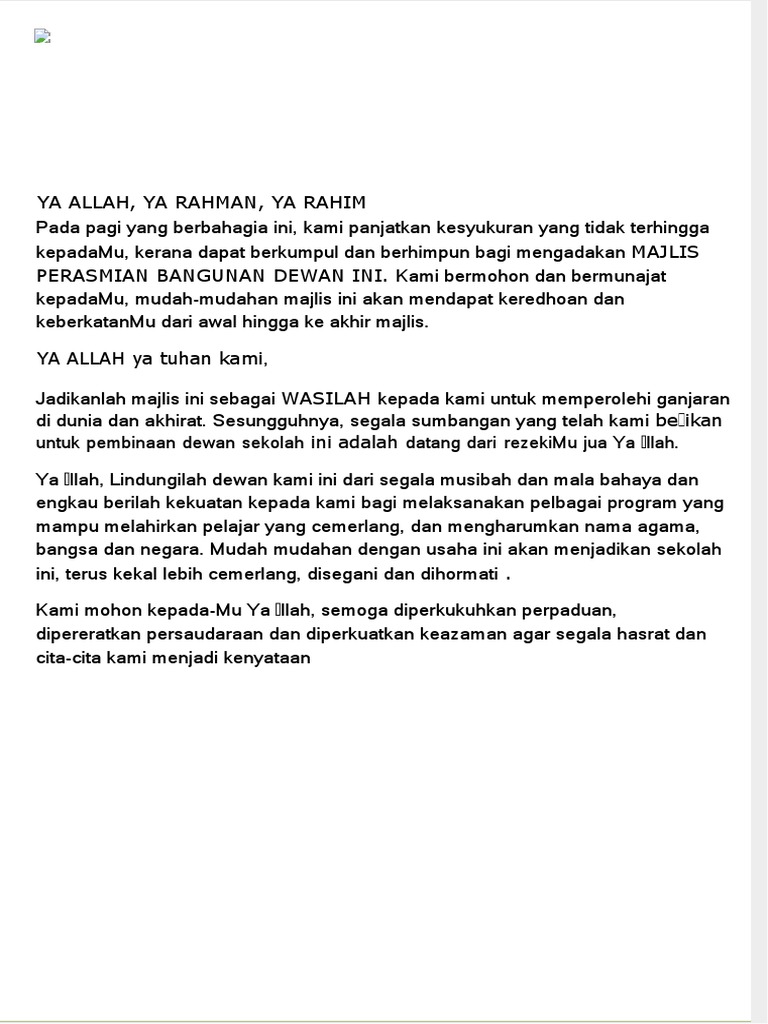 Doa Perasmian Dewan Sekolah | PDF