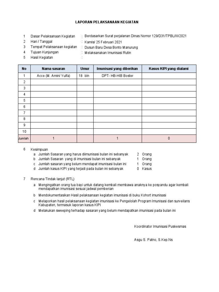 Laporan Pelaksanaan Imunisasi Rutin Contoh | PDF